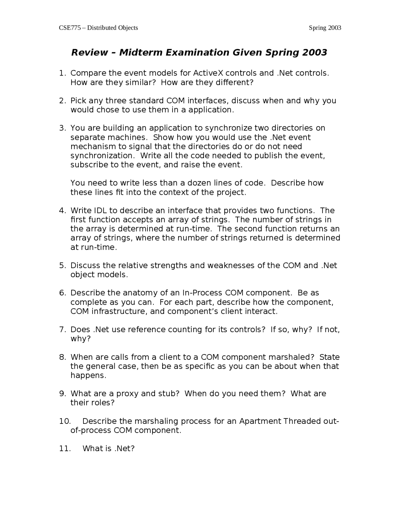 Review Midterm Examination Distributed Objects Cse 775 Docsity