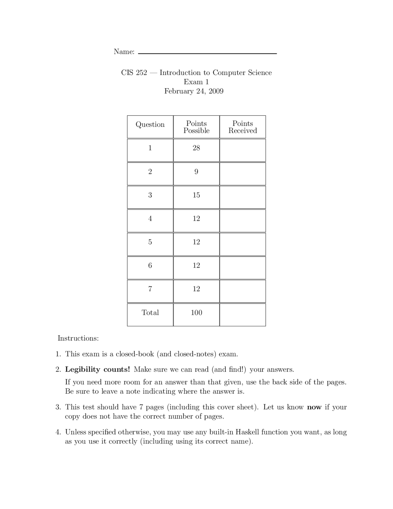 Solutions To Exam 1 Introduction To Computer Science Cis 252 Docsity