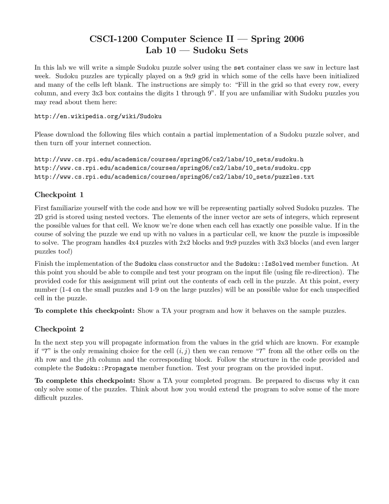 Sudoku Sets - Laboratory #10 - Computer Science II | CSCI 1200 - Docsity