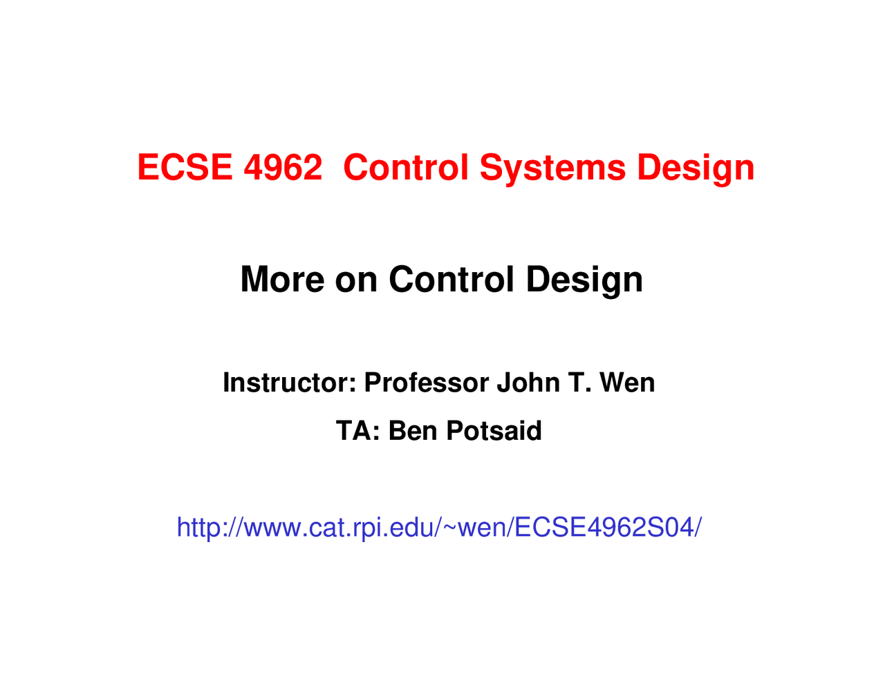 More On Control Design Control System Design Ecse 4962 Docsity
