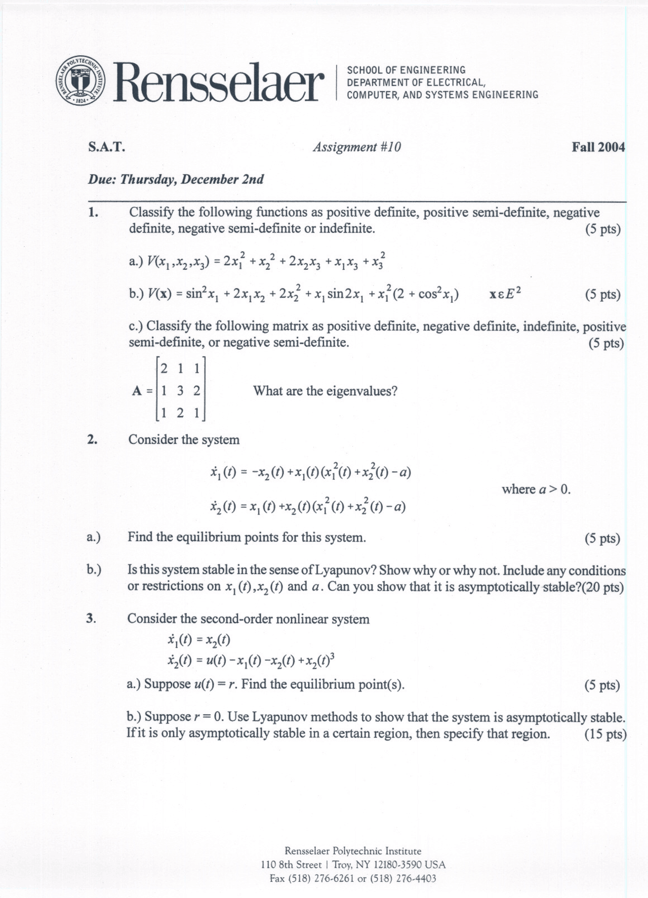 Systems Analysis Techniques Homework 10 Questions Ecse 6400 Docsity