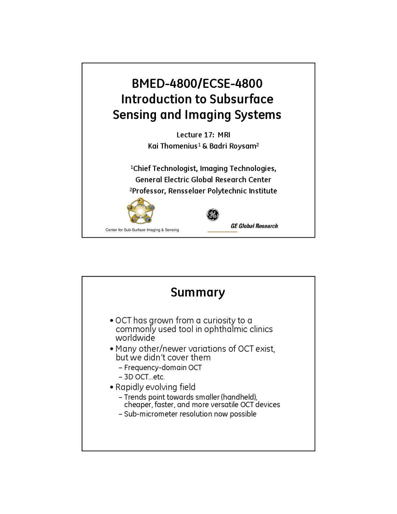 Fundamentals Of Mri Subsurface Imaging Lecture Slides Bmed 4800