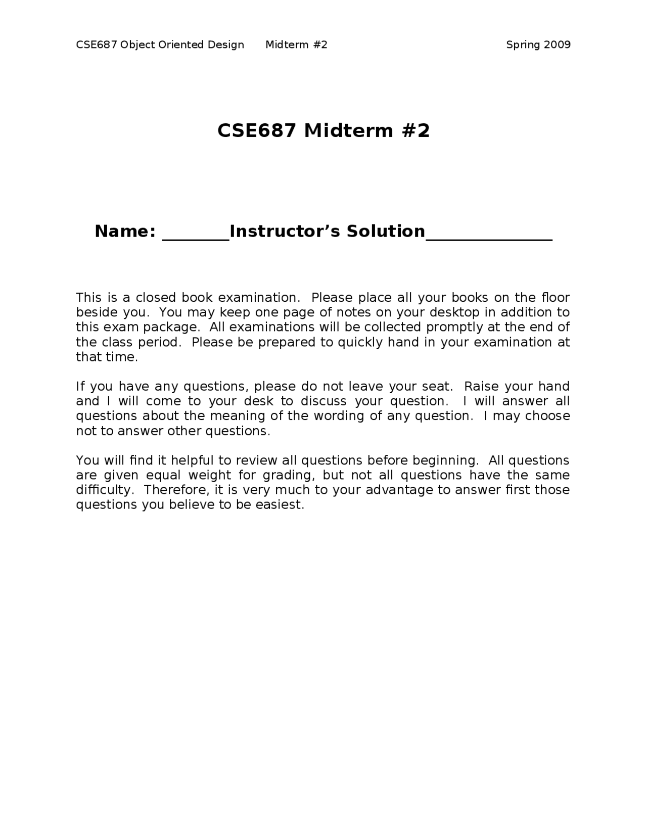 Object Oriented Design - Midterm Exam 2 with Answer Key | CSE 687 - Docsity