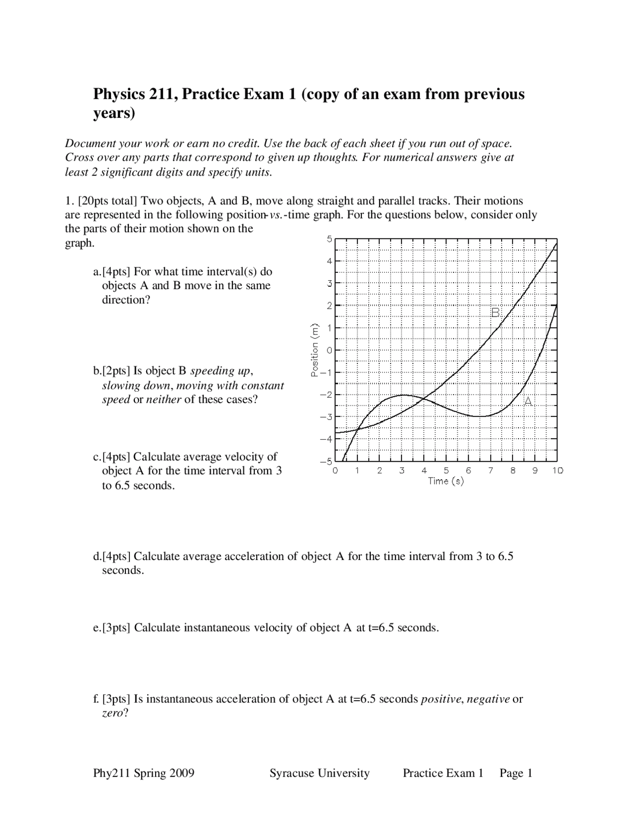 Practice Exam 1 General Physics I Phy 211 Docsity