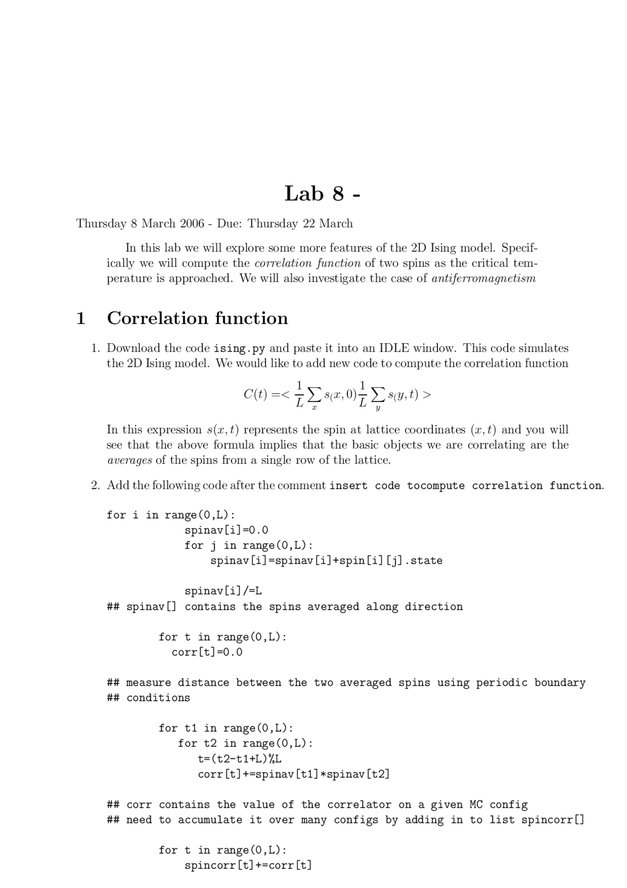 Correlation Function, Antiferromagnetic - Lab 8 | PHY 300 - Docsity