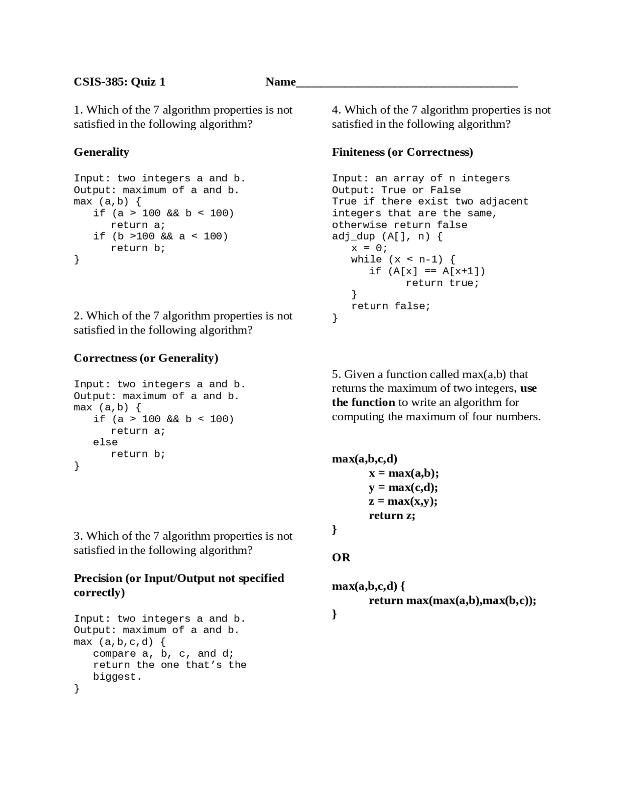 Quiz 1 Questions With Answer Analysis Of Algorithms Csis 385 Docsity