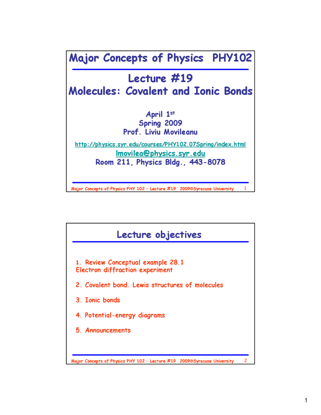 Molecules Ionic And Covalent Bonds Lecture Slides Phy 102 Docsity