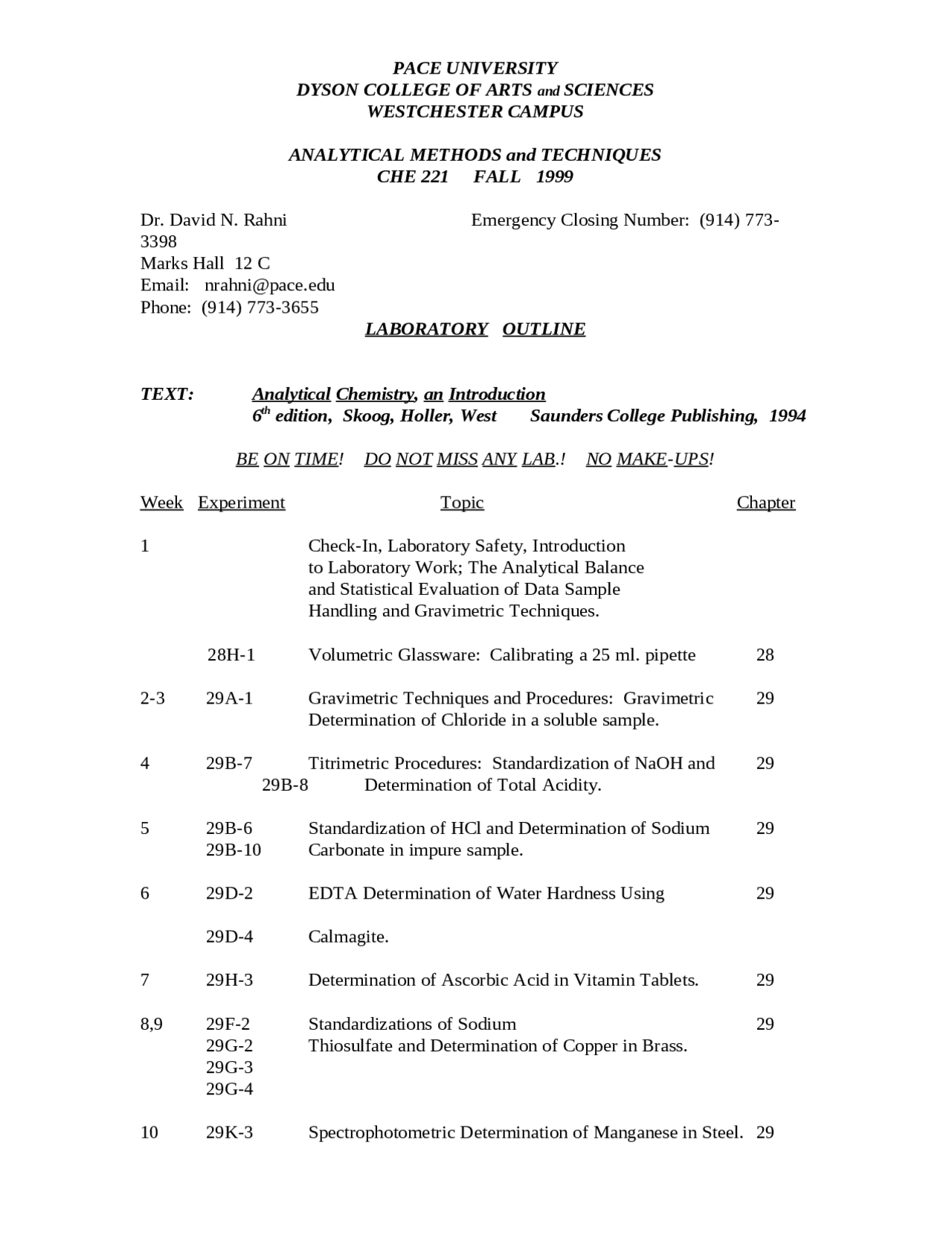 Laboratory Outline - Analytical Methods and Techniques | CHE 221 - Docsity