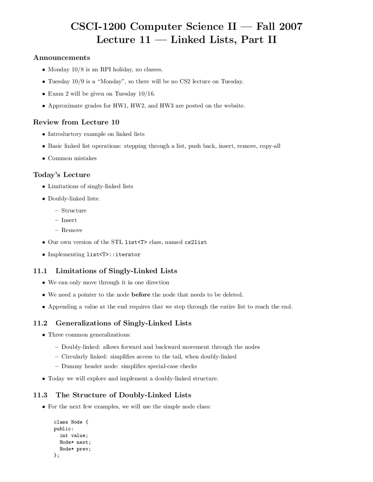 Csci 1200 Computer Science Ii Lecture 11 Linked Lists Part Ii
