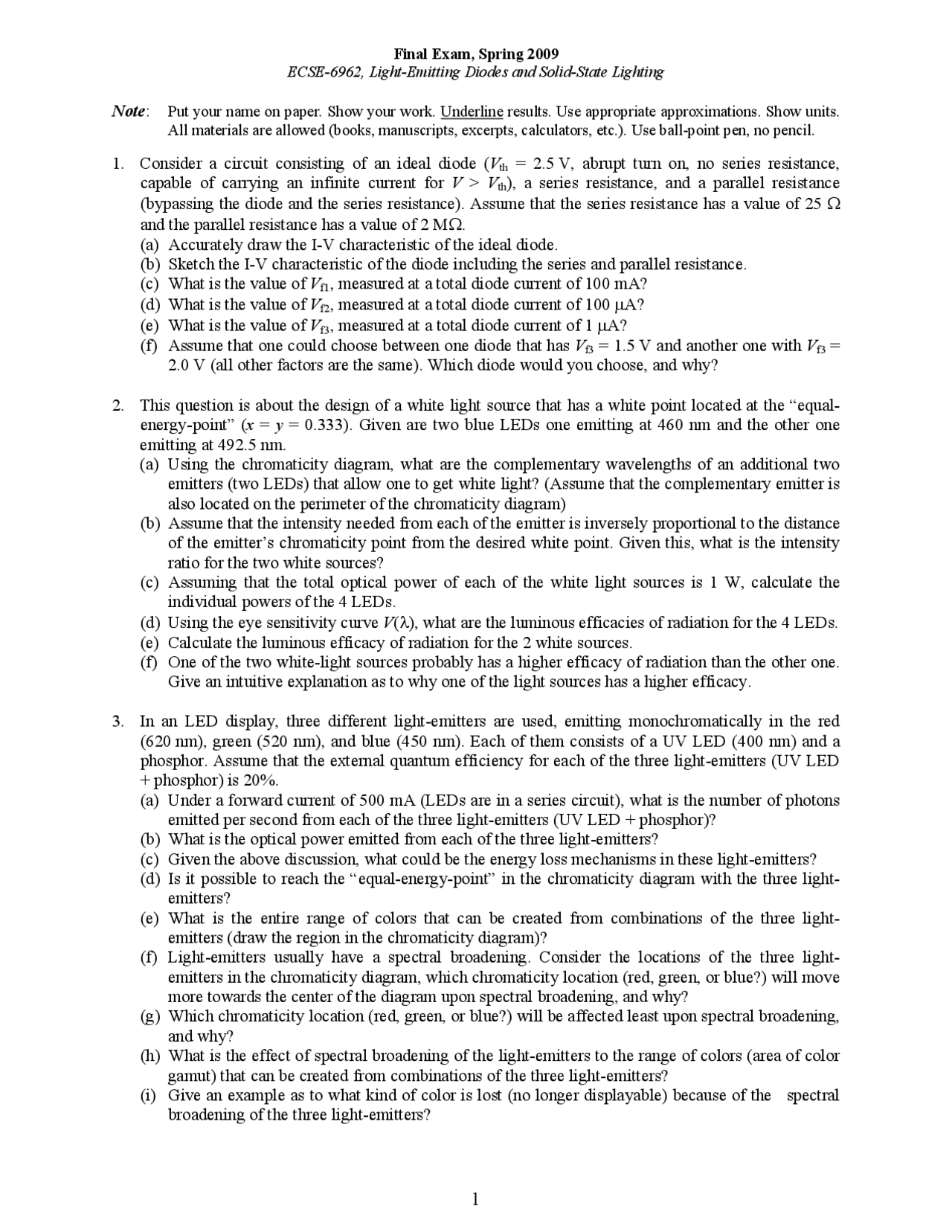 Light Emitting Diodes And Solid State Lighting Final Exam Ecse 6962