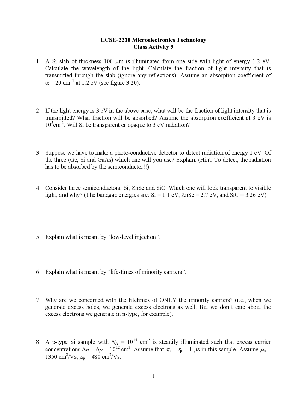 Class Activity 9 For Microelectronics Technology Ecse 2210 Docsity