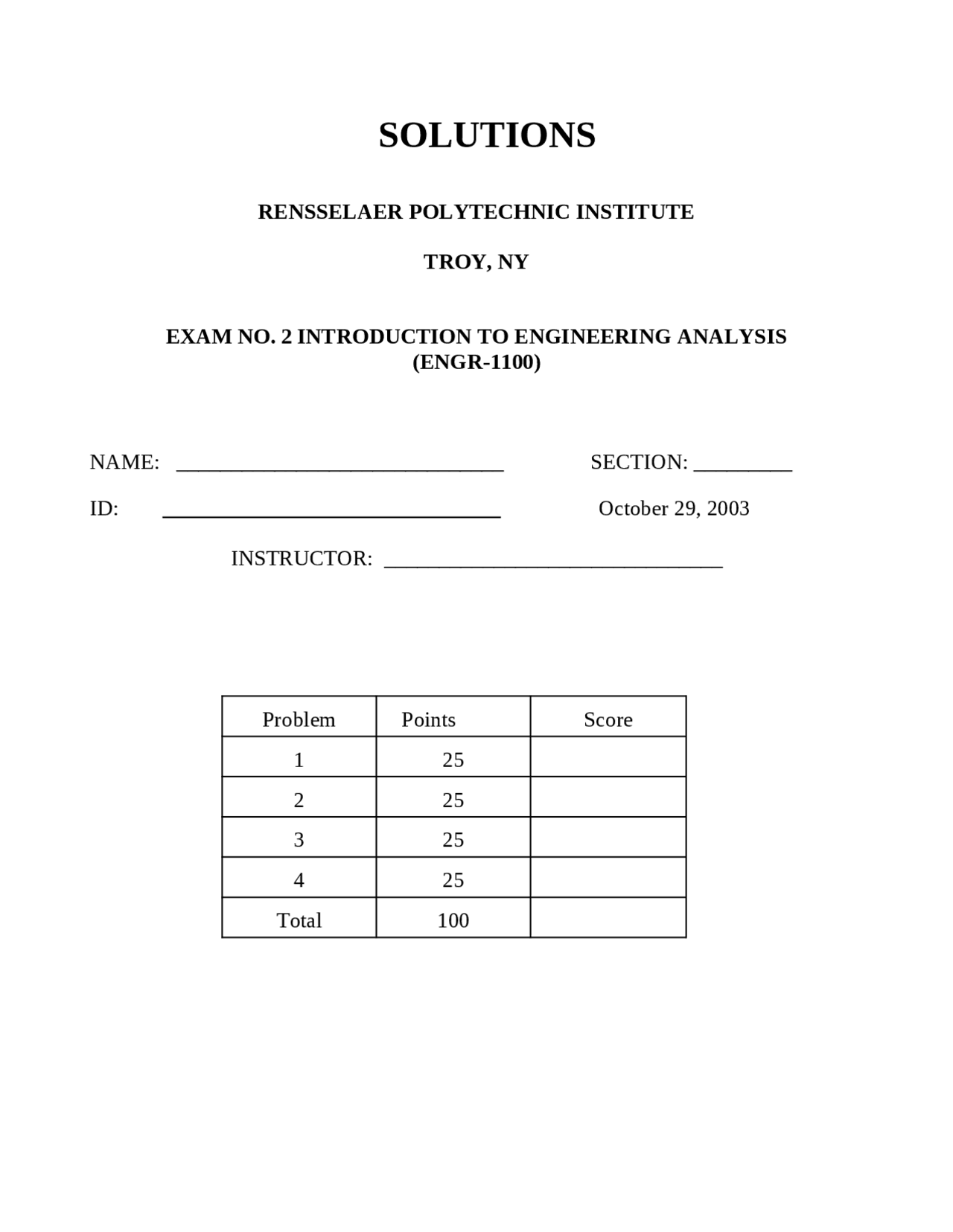 4 Solved Problems On Engineering Analysis Examination 2 Engr 1100 Docsity