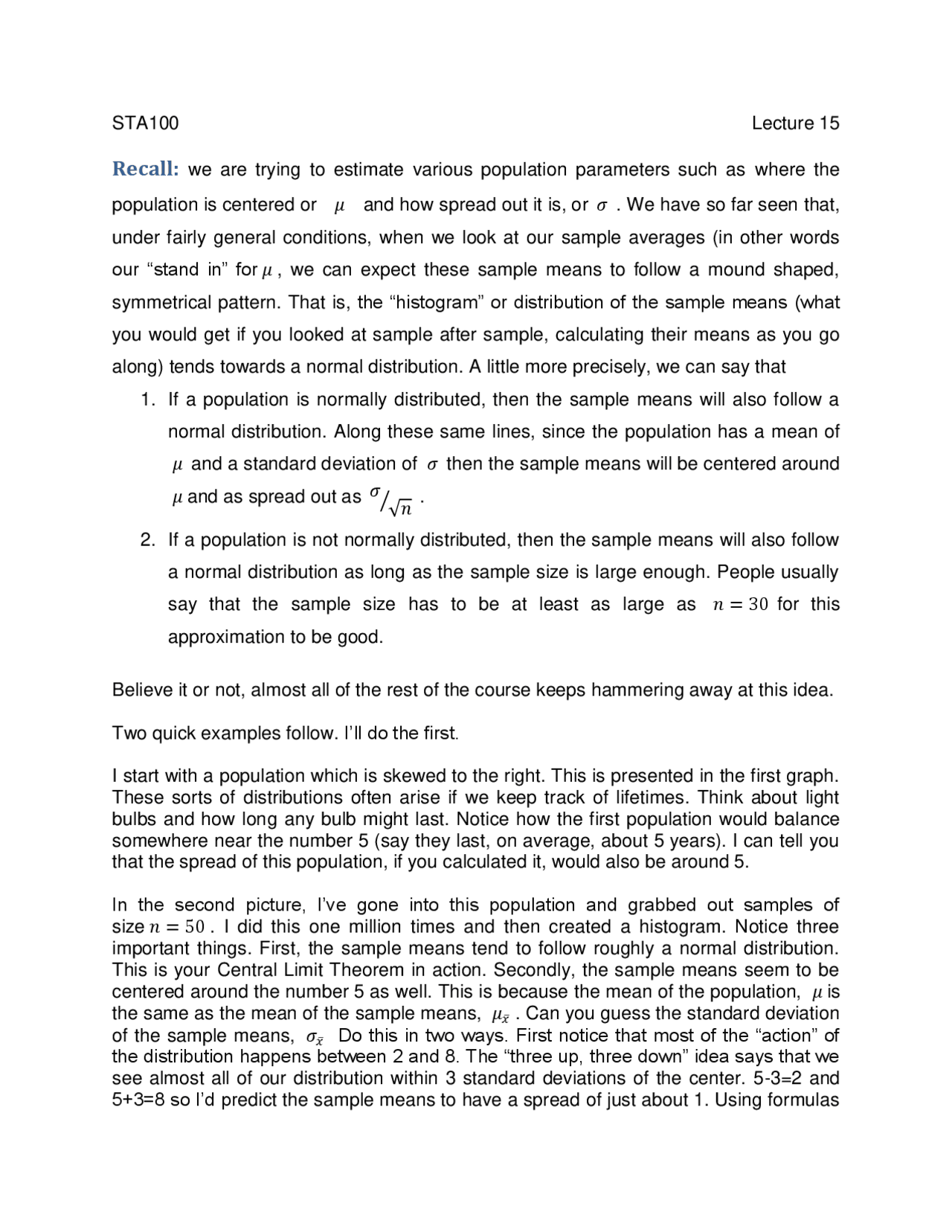 Estimate Various Population Parameters - Statistical Methods | STA 100 - Docsity