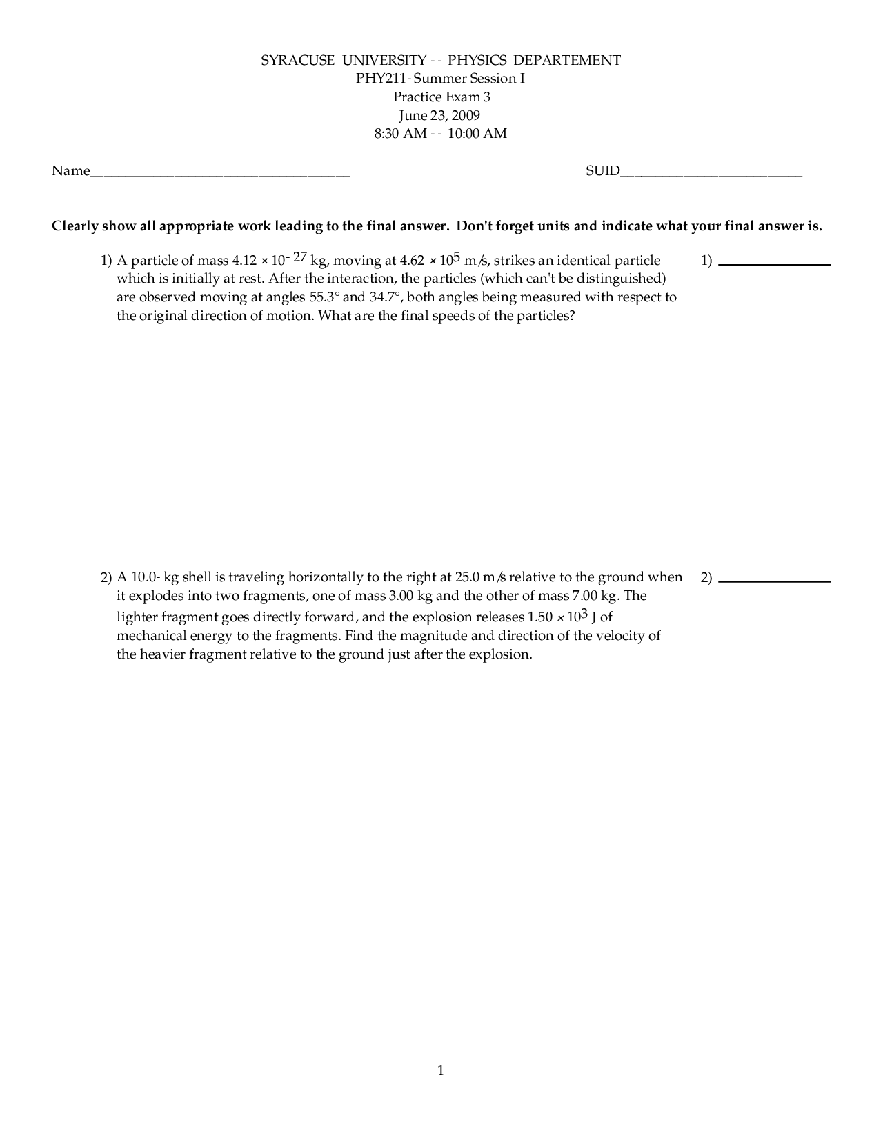 Practice Exam 3 General Physics I Phy 211 Docsity