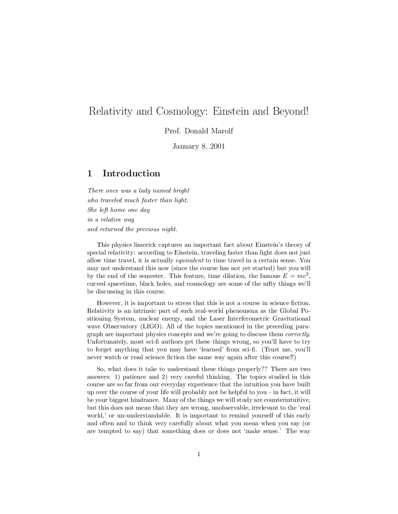 Introduction To Relativity And Cosmology Einstein And Beyond Phy 312