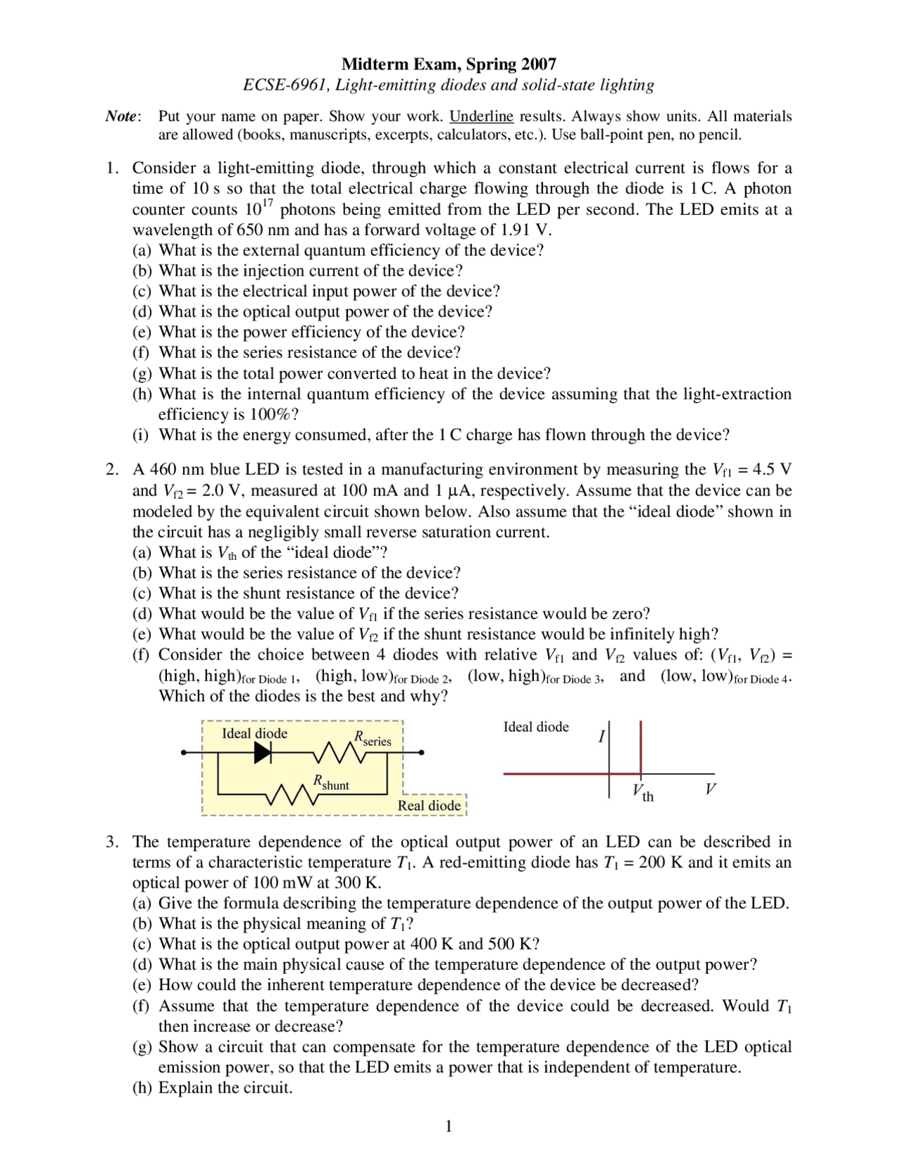Light Emitting Diodes And Solid State Lighting Midterm Exam Ecse