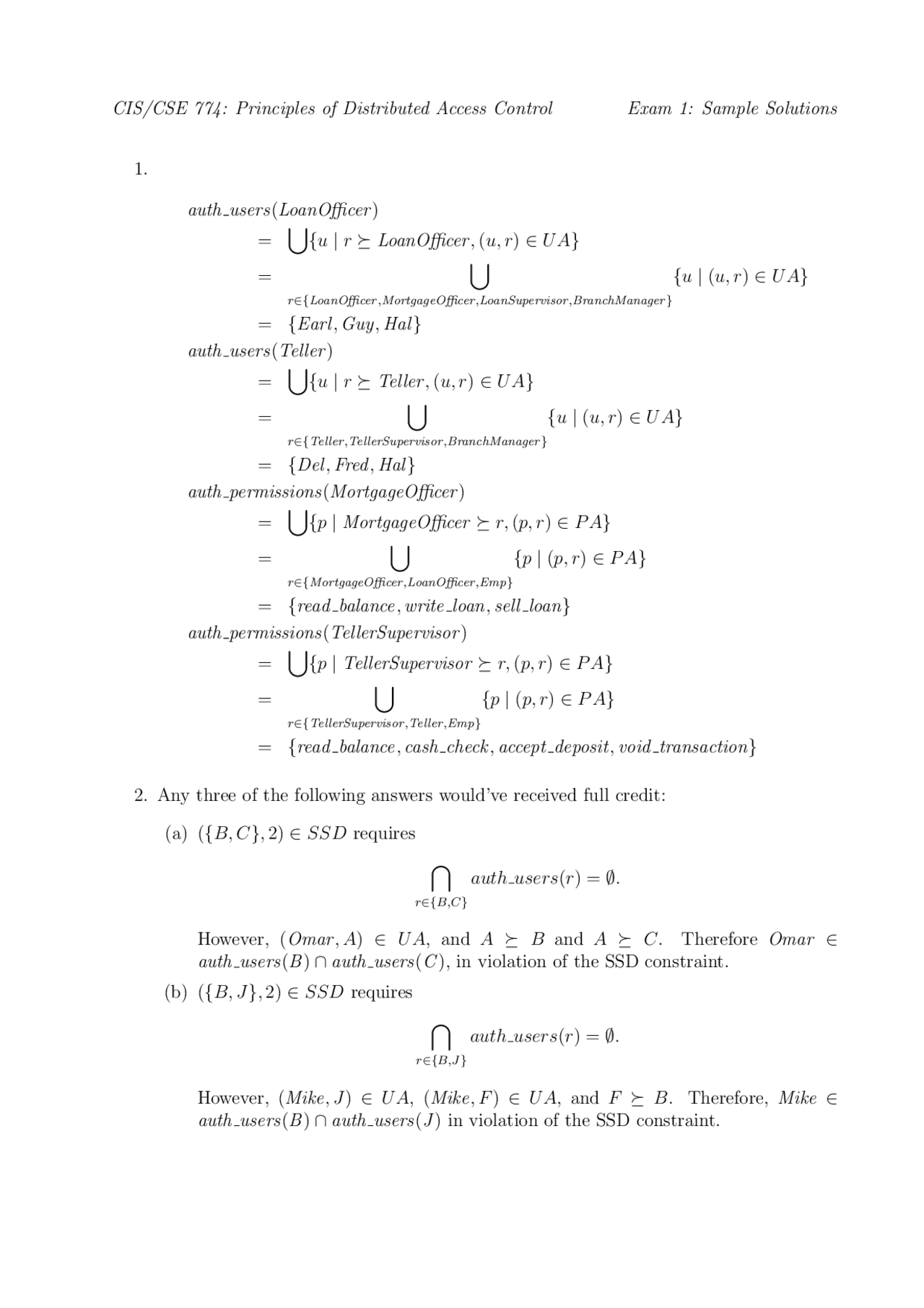 Exam 1 Sample Solutions Principles Of Distributed Access Control Cse 774 Docsity