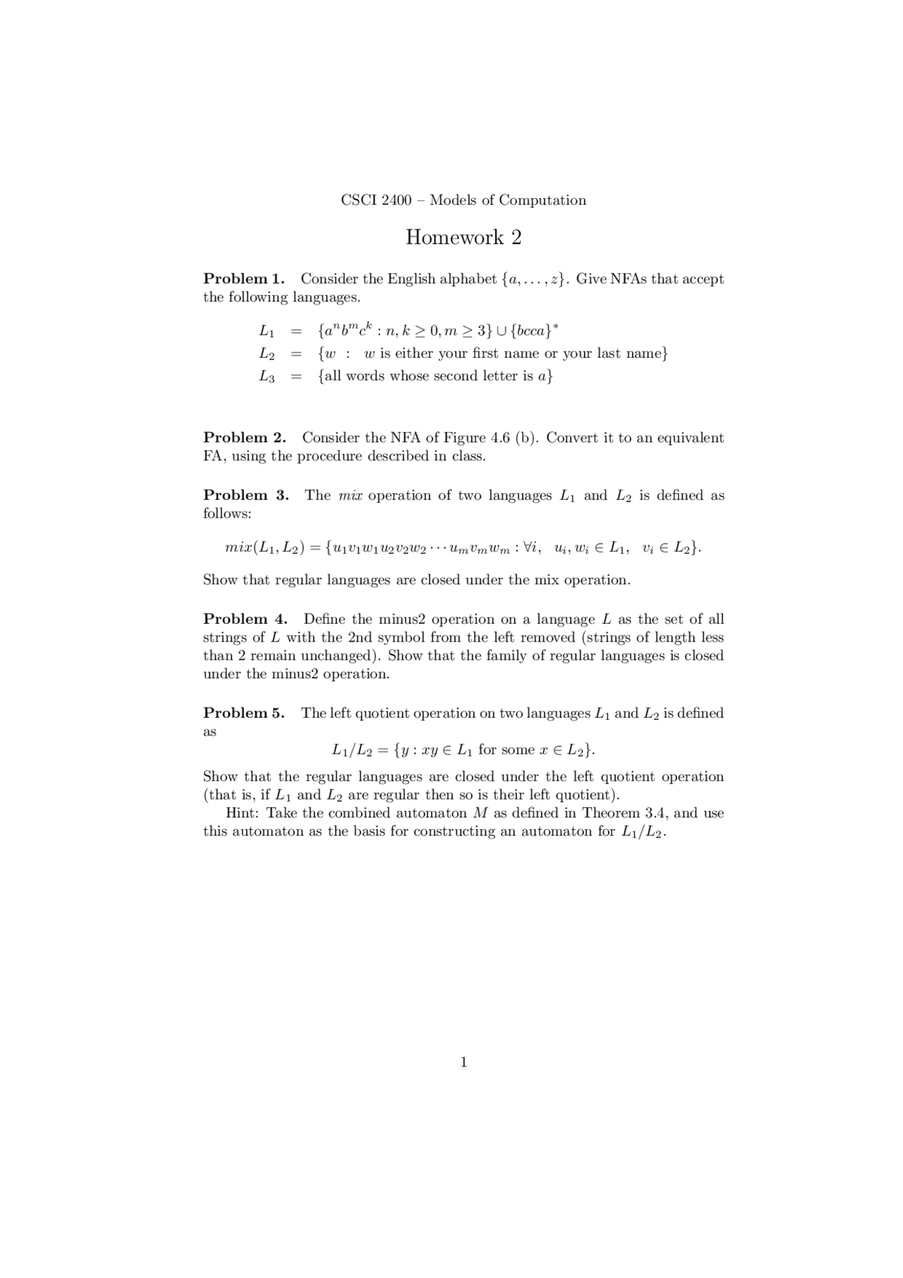 Homework 2 Problems - Models of Computation | CSCI 2400 - Docsity