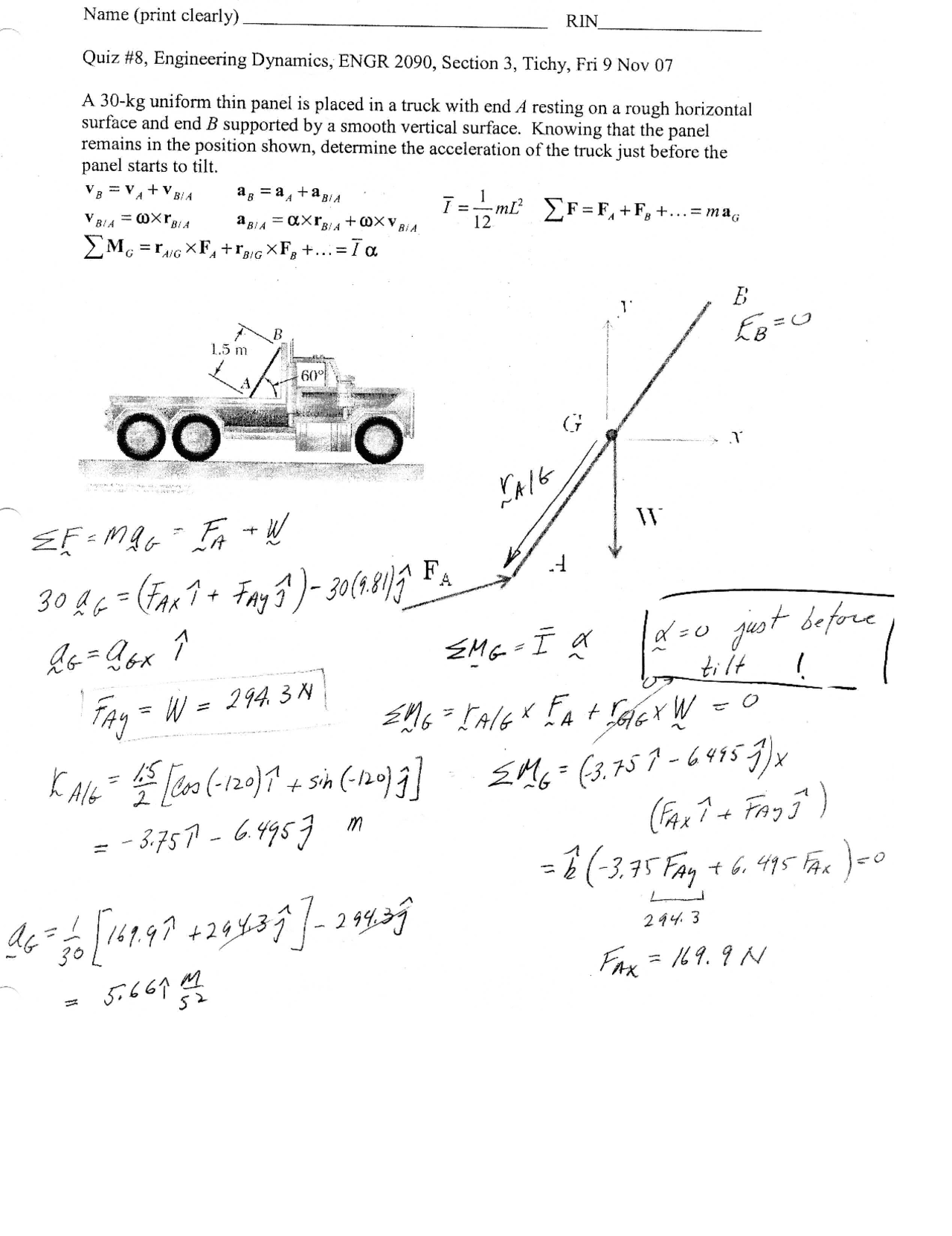 Quiz 8 With Solutions Engineering Dynamics Engr 2090 Docsity