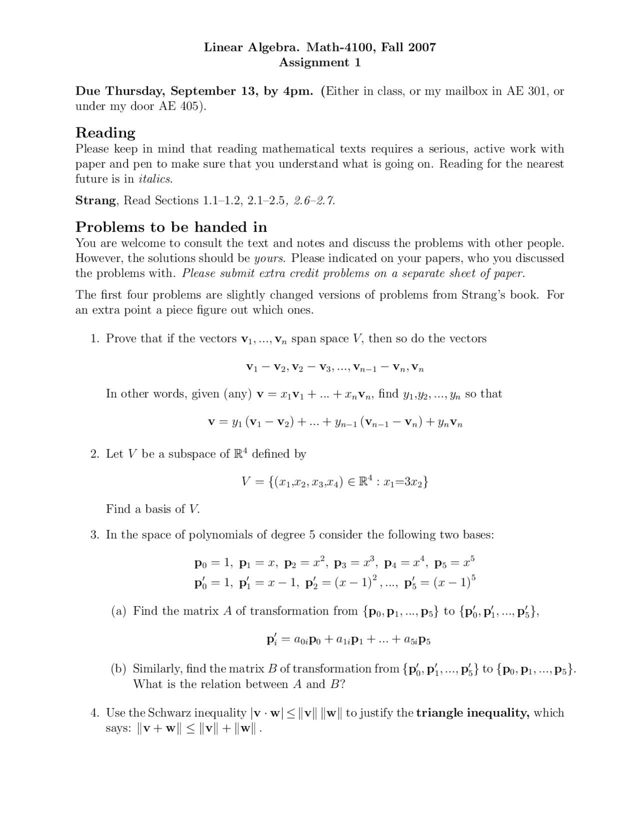 7 Solved Problems On The Linear Algebra Assignment 1 Math 4100