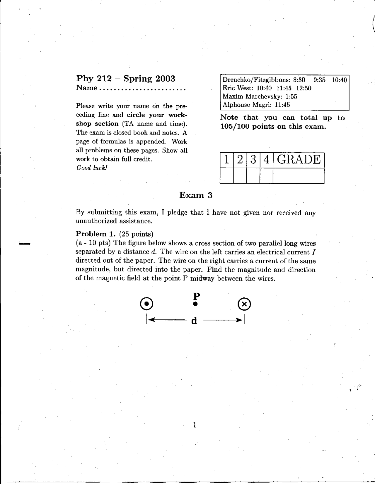Take Home Examination 3 General Physics Ii Phy 212 Docsity