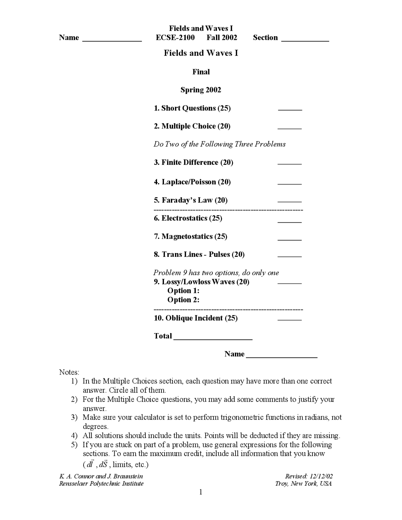10 Questions With Field And Waves I Assignment Ecse 2100 Docsity