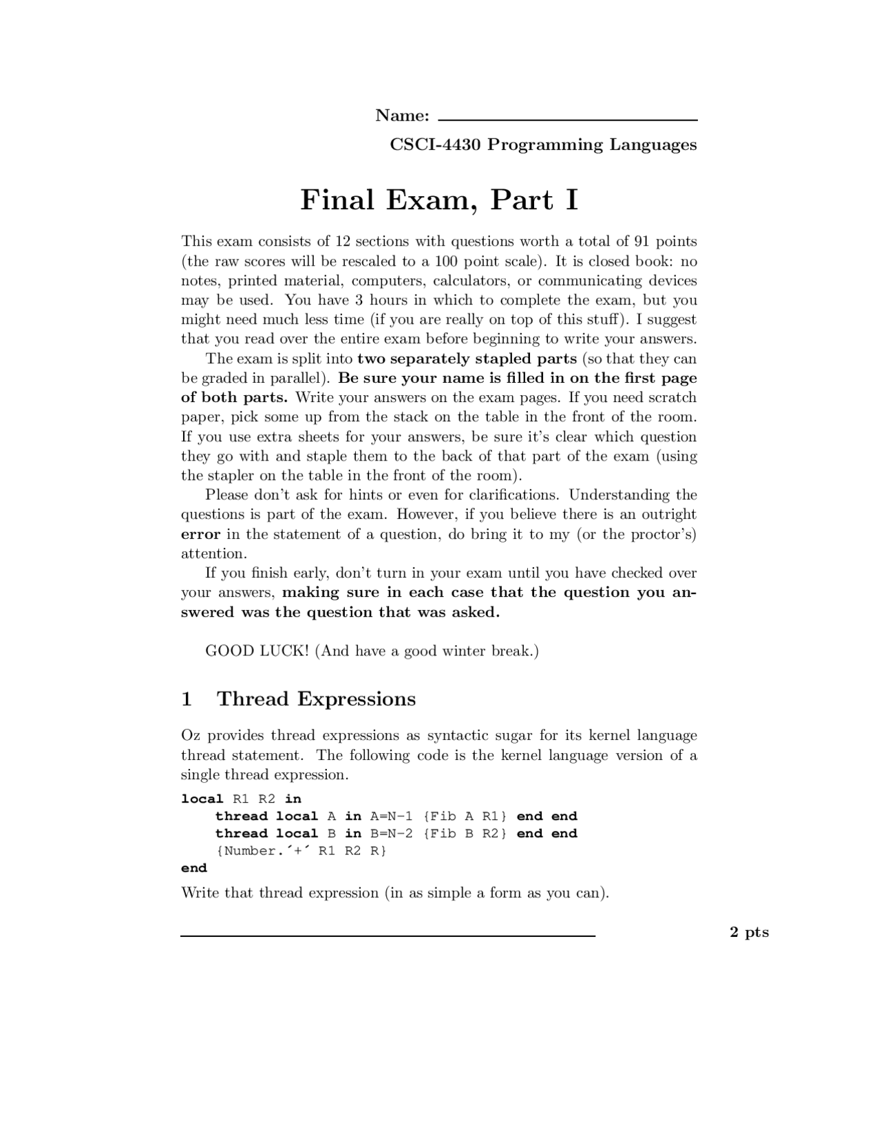 Final Exam 2 Thread Expressions Programming Languages Csci 4430 Docsity