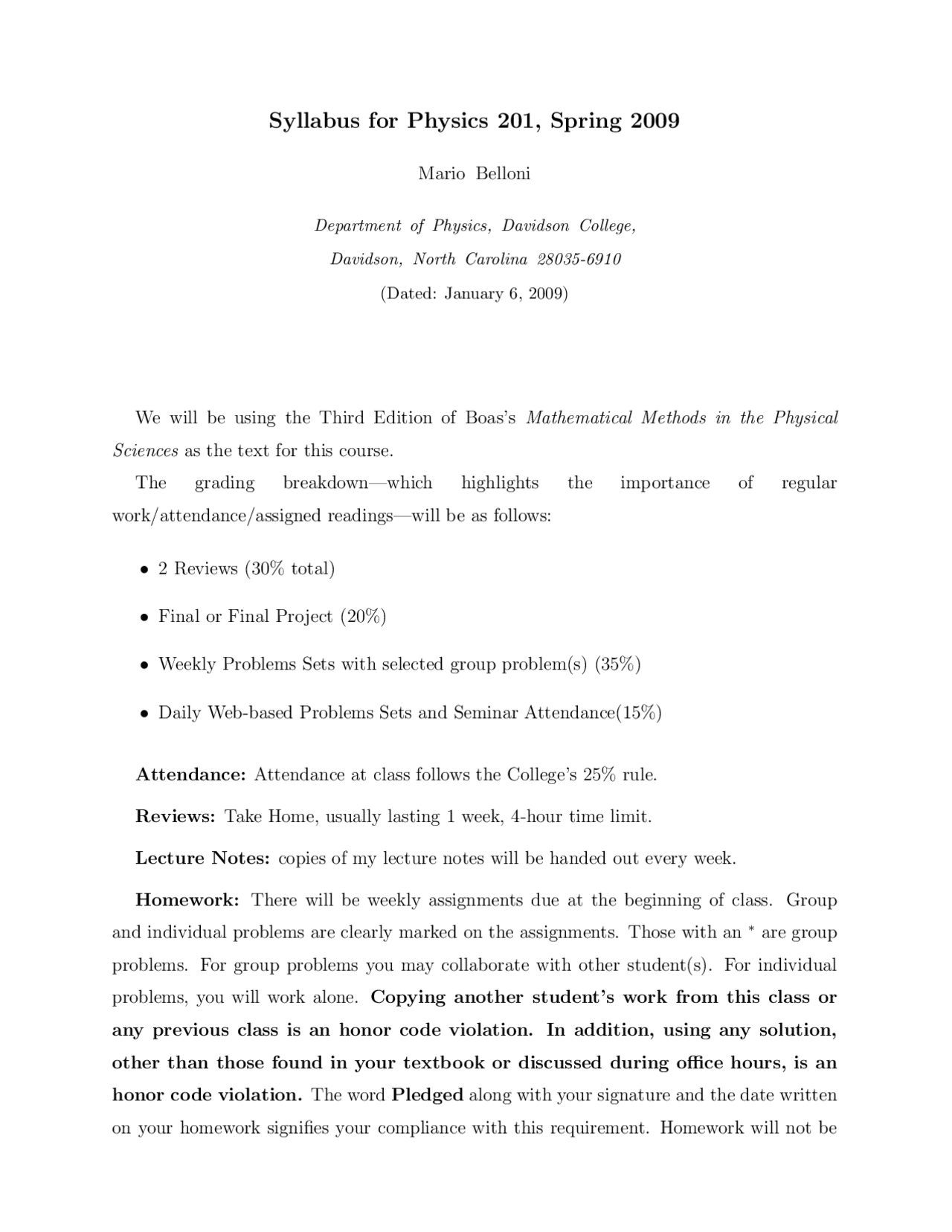 Syllabus Schedule For Mathematics Methods For Scientists Phy 201