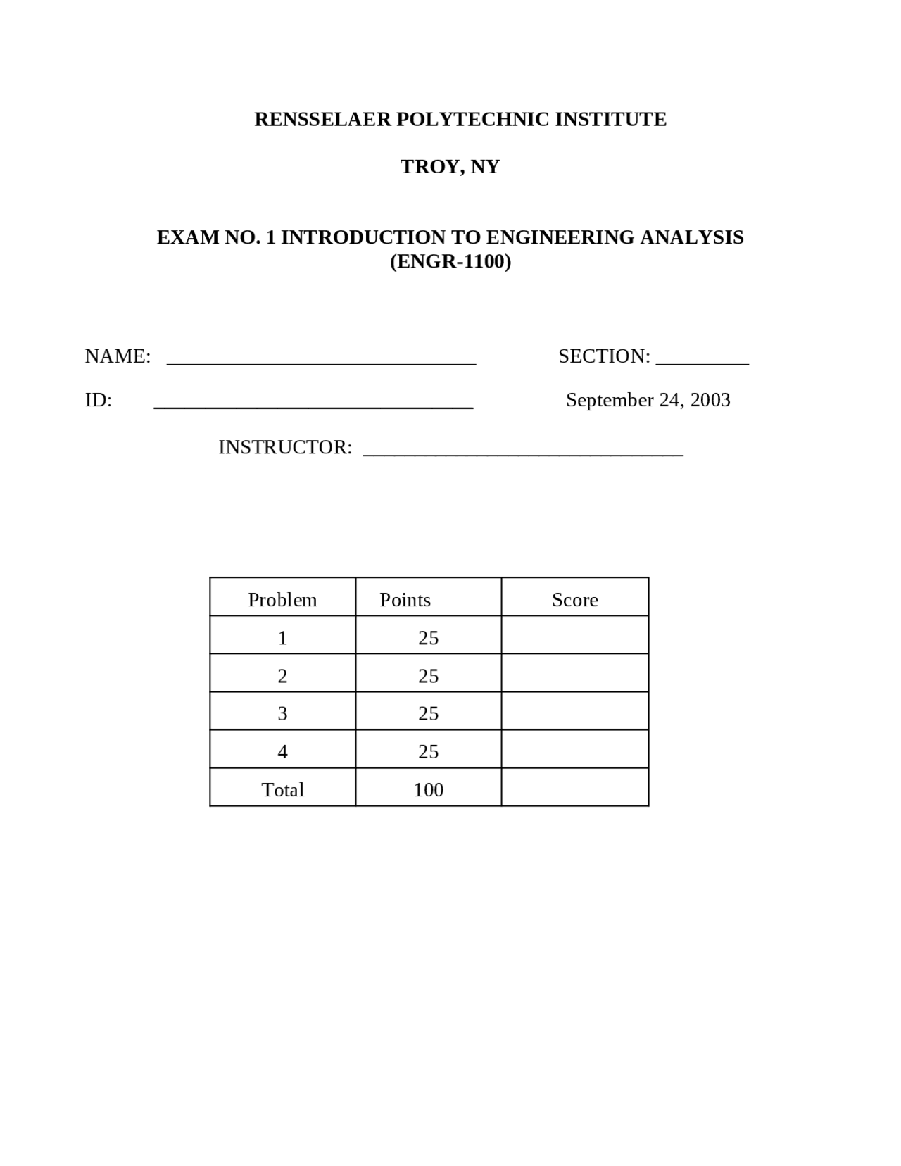 Introduction To Engineering Analysis Exam 1 Engr 1100 Docsity