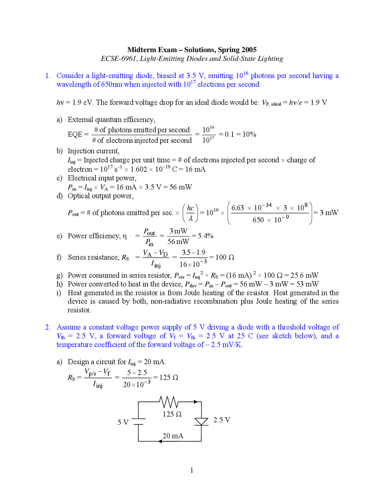 Midterm Exam On Light Emitting Diodes And Solid State Lighting With