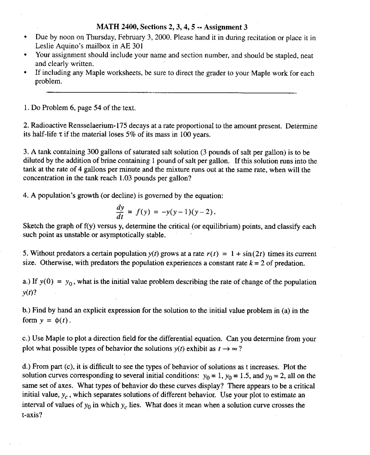 Assignment 3 | Introduction to Differential Equations | MATH 2400 - Docsity