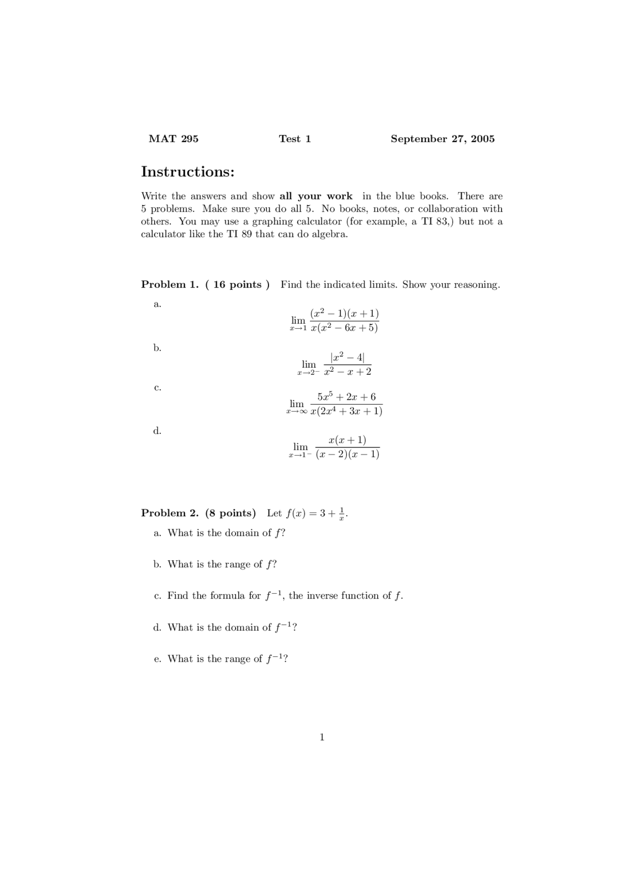 Midterm Exam 1 Problems Calculus I Mat 295 Exams Calculus Docsity