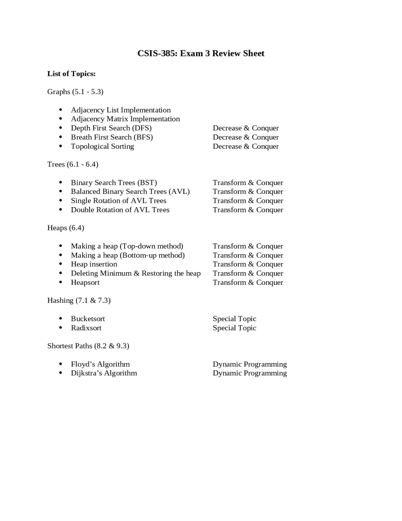 Exam 3 Review Sheet For Analysis Of Algorithms Csis 385 Docsity
