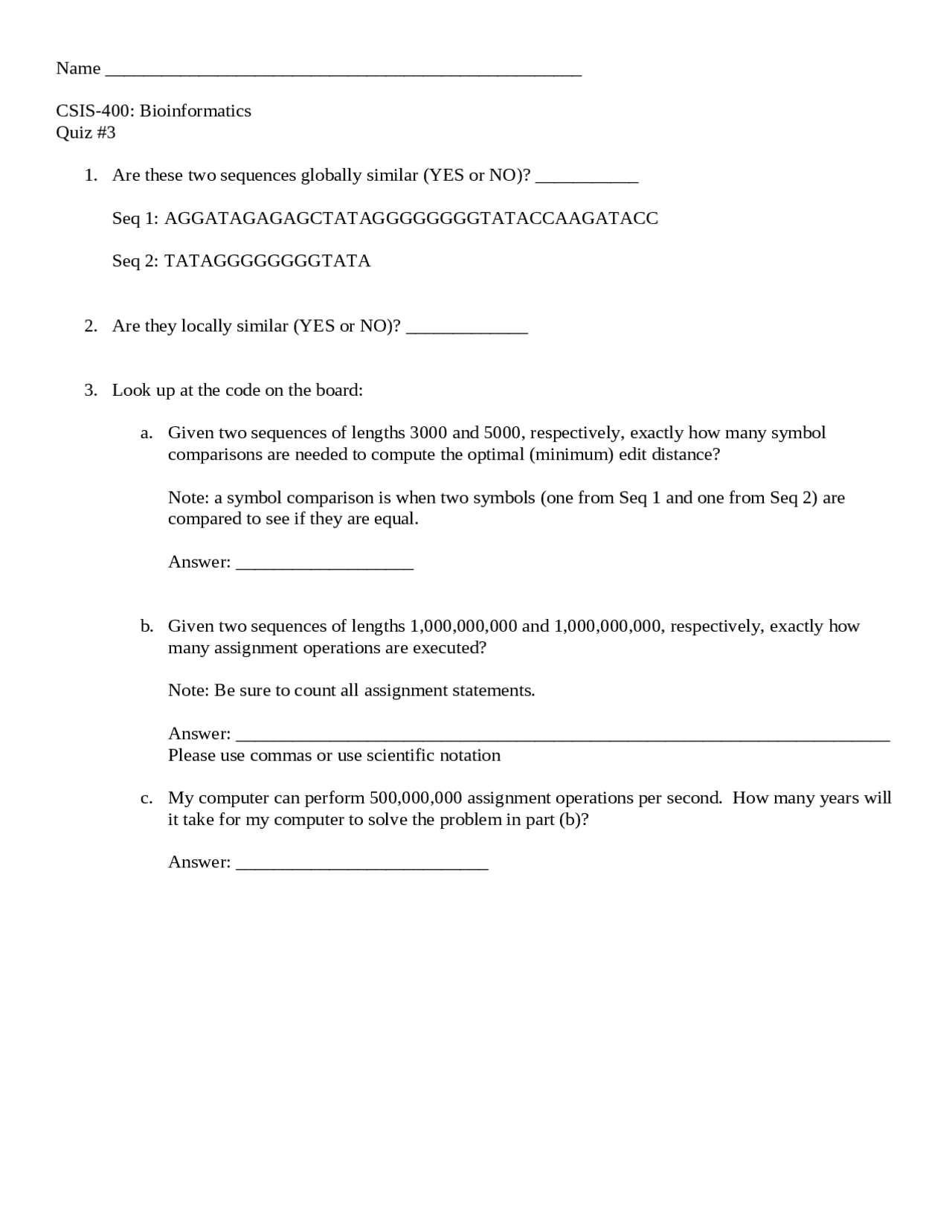 Bioinformatics Quiz 3 Problems Csis Ssx Docsity