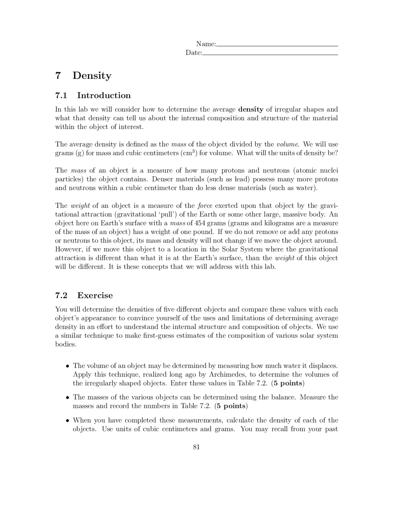 Density Laboratory 7 The Planets Astr 105g Docsity