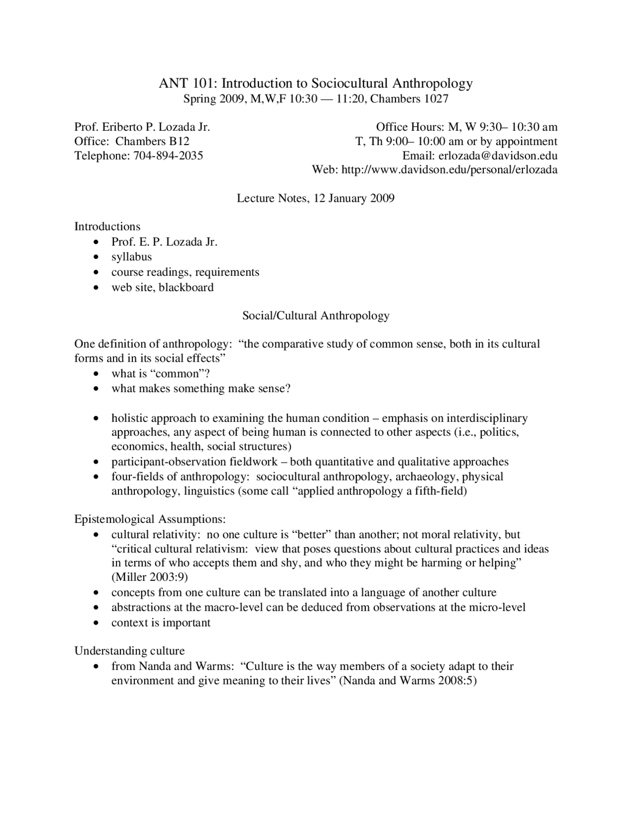 Introduction To Sociocultural Anthropology Lecture Notes Ant 101