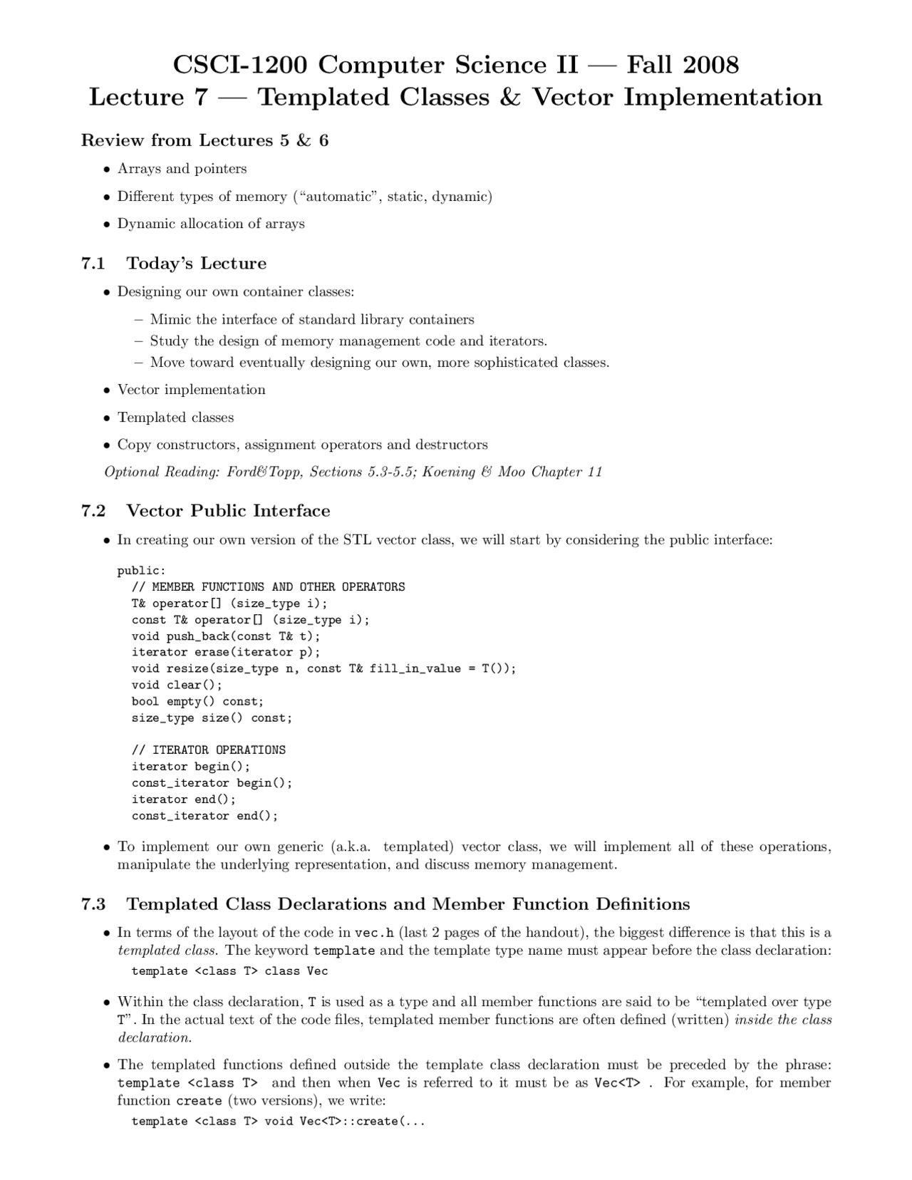 Notes On Templated Classes And Vector Implementation Csci 1200 Docsity
