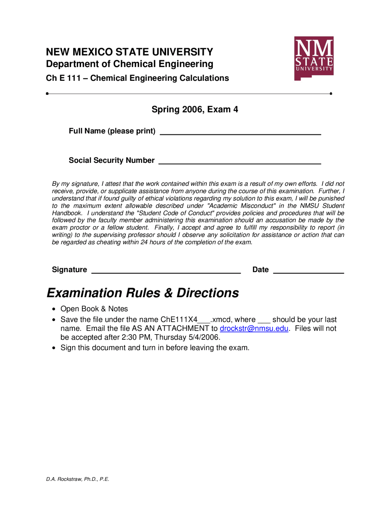 Exam 4 Problems Introduction Computer Calculations In Chemical