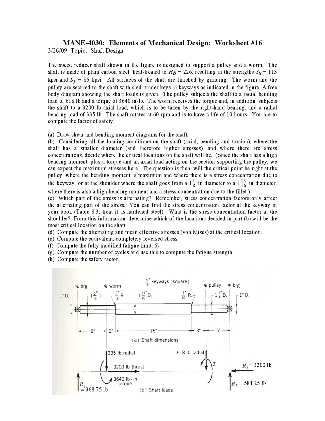 Shaft Design - Worksheet 16 | Elements of Mechanical Design | MANE 4030 ...