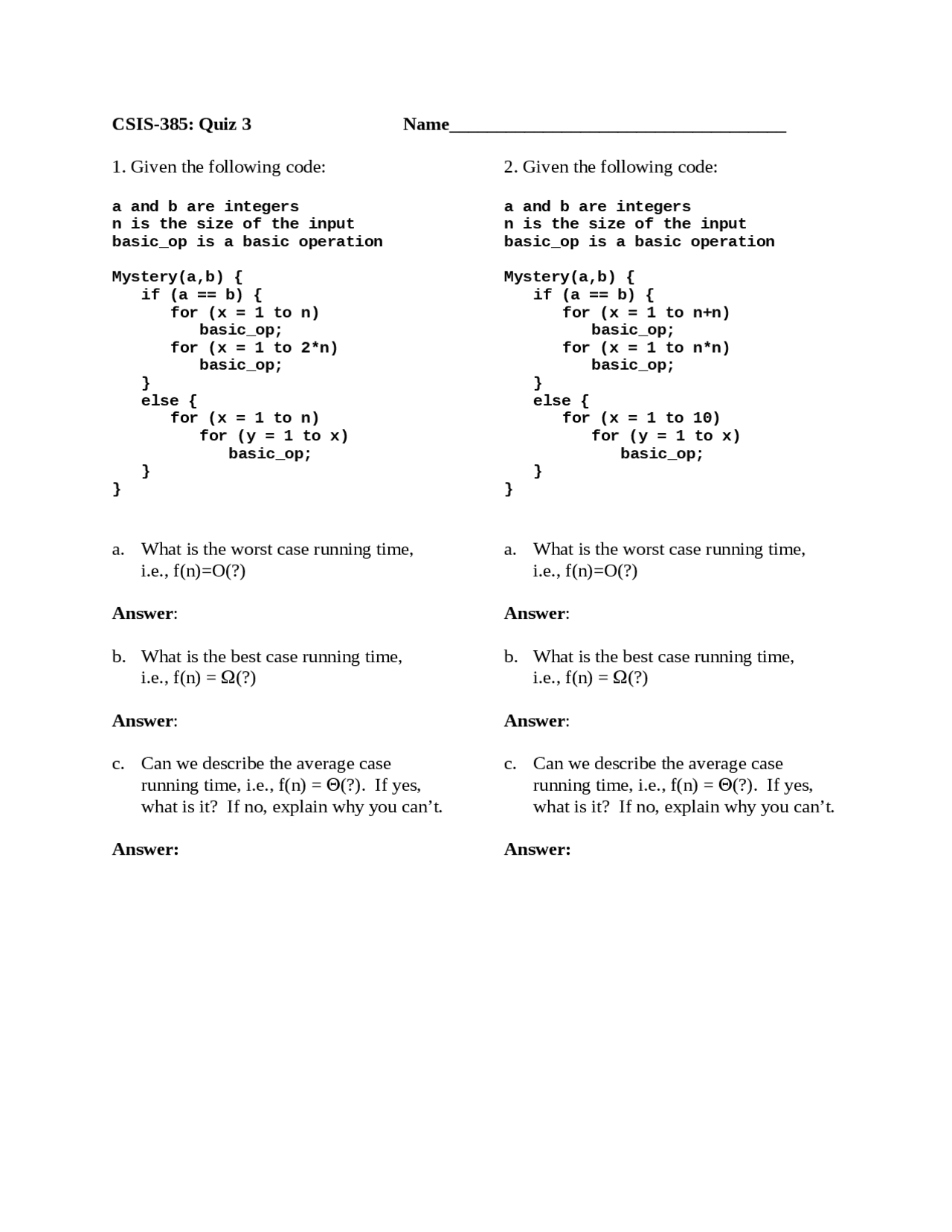 Questions For Analysis Of Algorithms Quiz Iii Csis 385 Quizzes