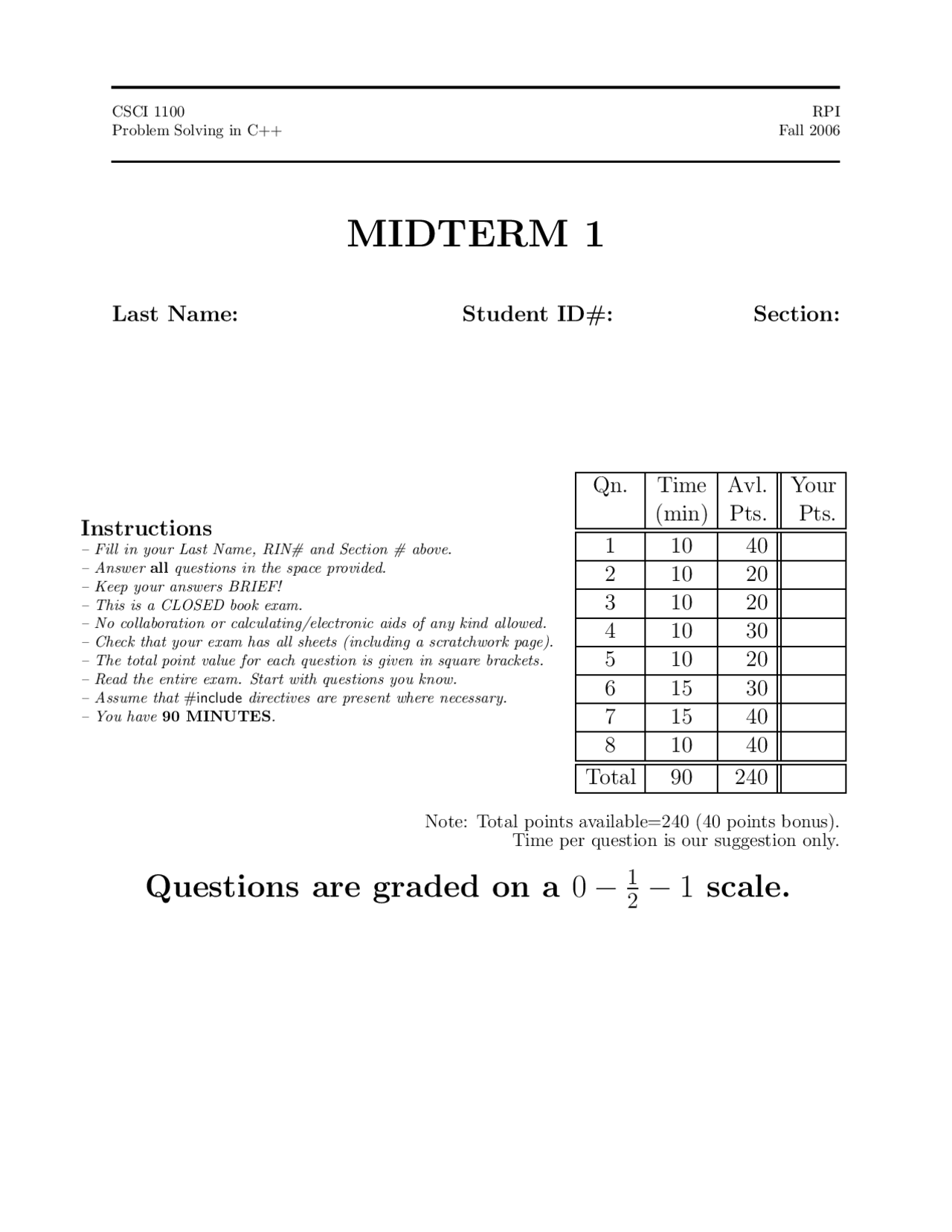 Midterm Exam 1 Problems Computer Science I Csci 1100 Docsity