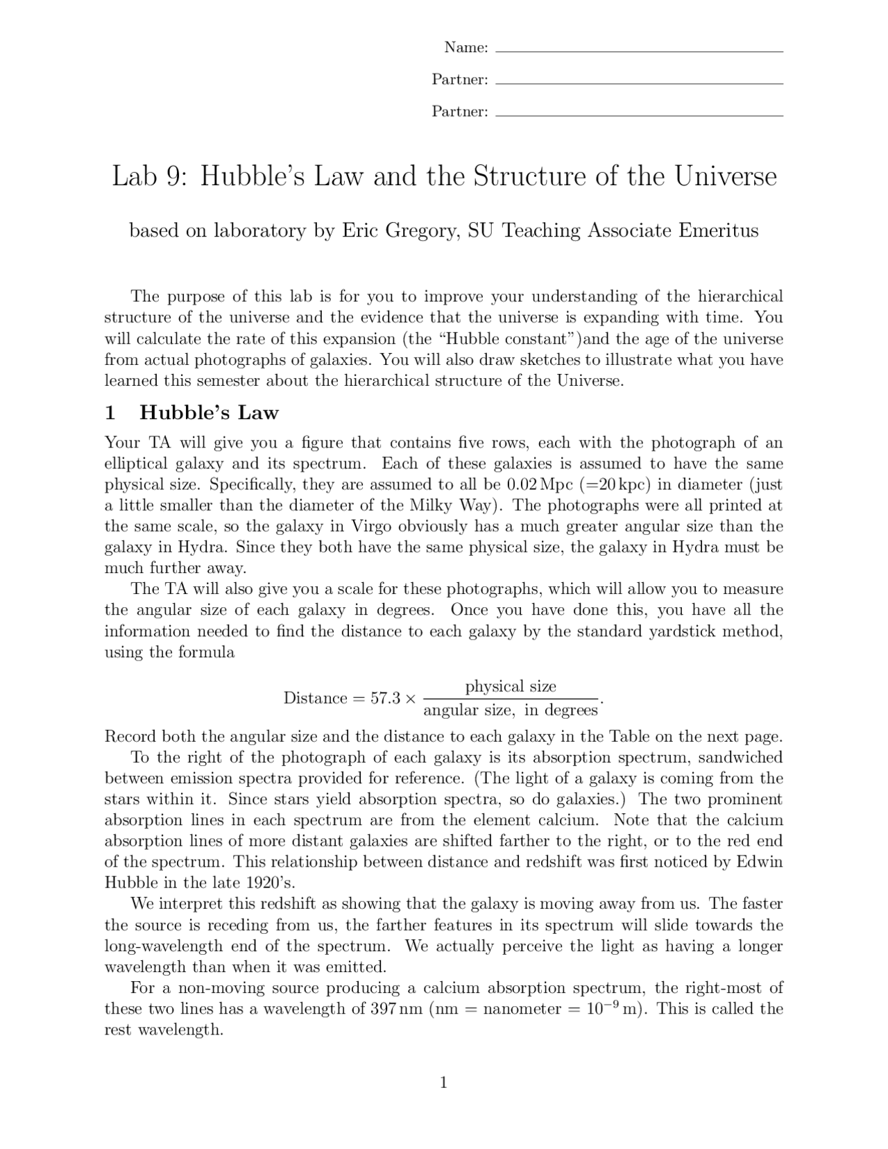 Hubbles Law And The Structure Of The Universe Lab 9 Ast 104 Docsity