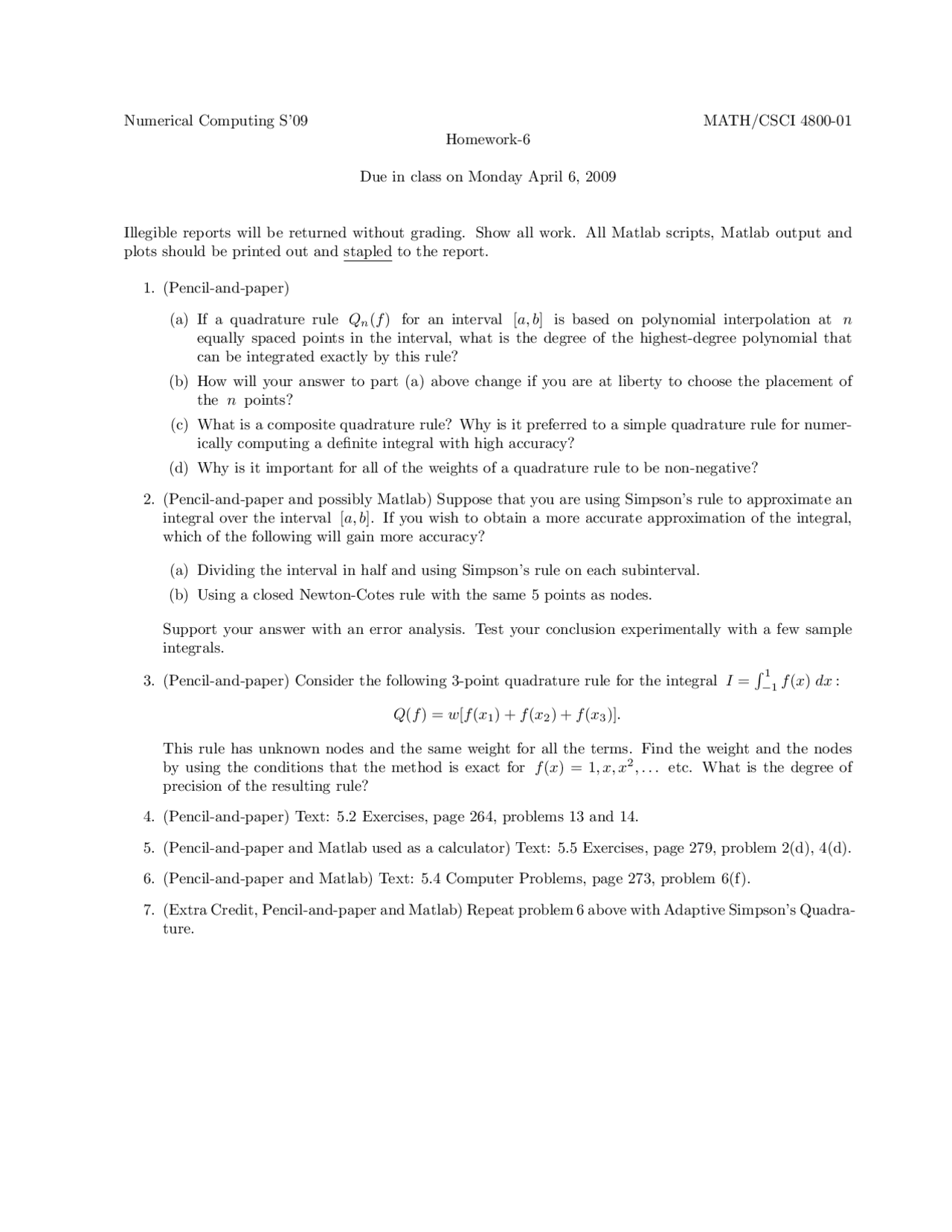 Homework 6 Questions Numerical Computing Csci 4800 Docsity