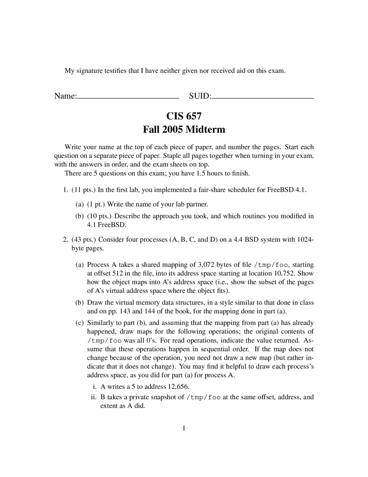 Midterm Exam 2005 | Principles of Operating Systems | CIS 657 - Docsity