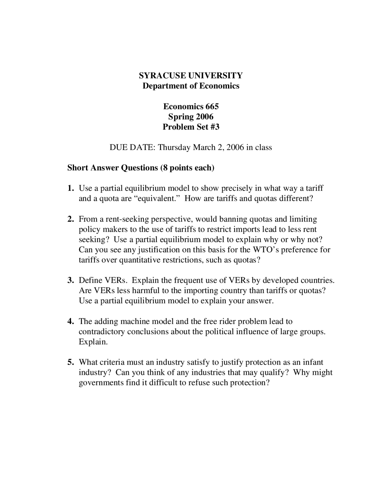 5 Problems On International Economics Problem Set 3 Ecn 665 Docsity