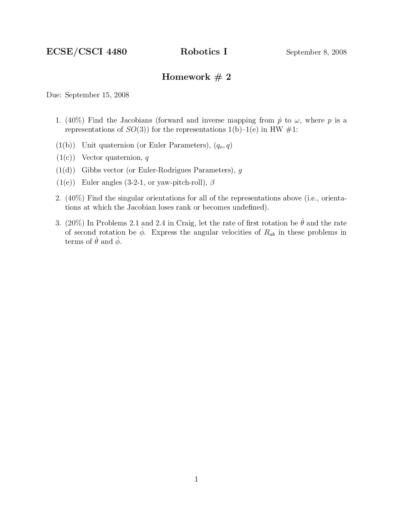 Homework 2 Unsolved Questions Robotics I Csci 4480 Docsity