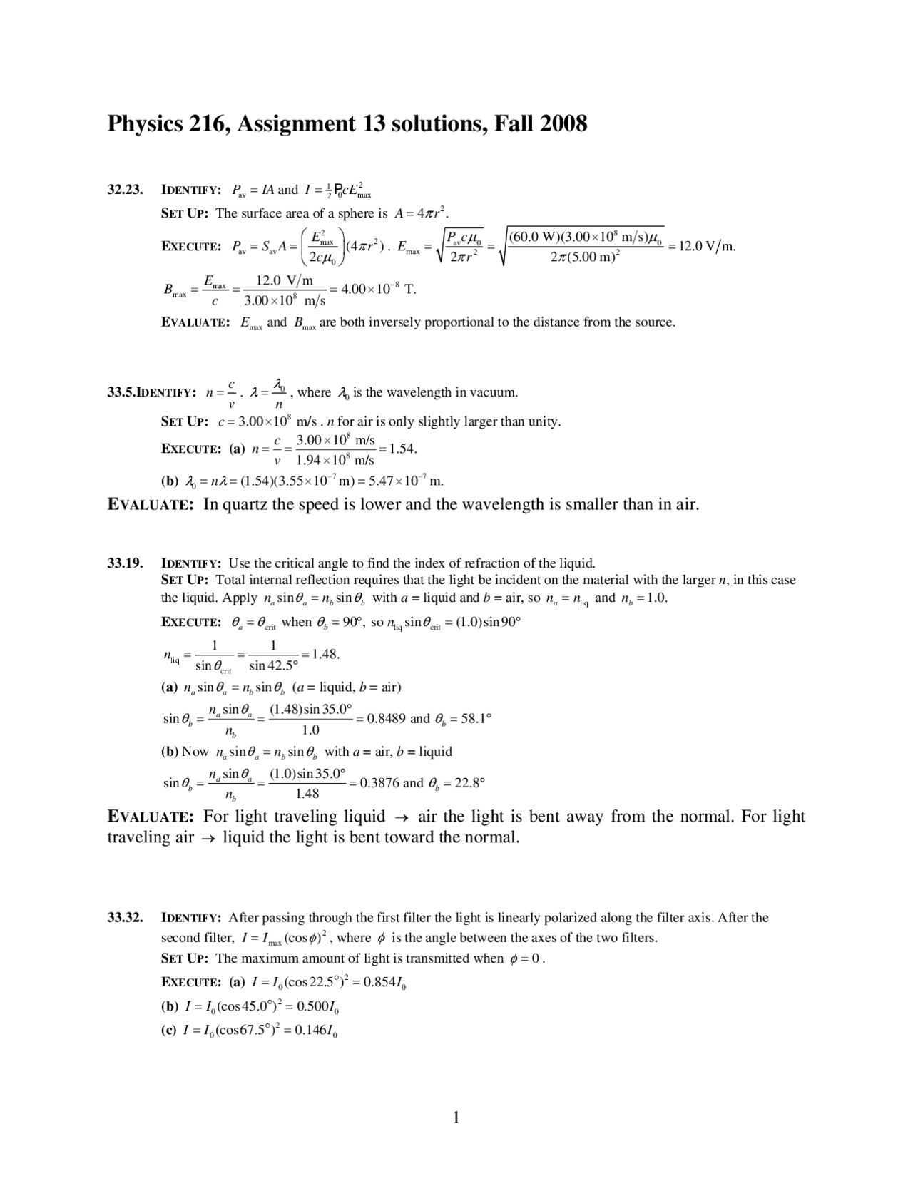 Optics Problem Solving: Refraction and Lenses | Assignments Physics | Docsity