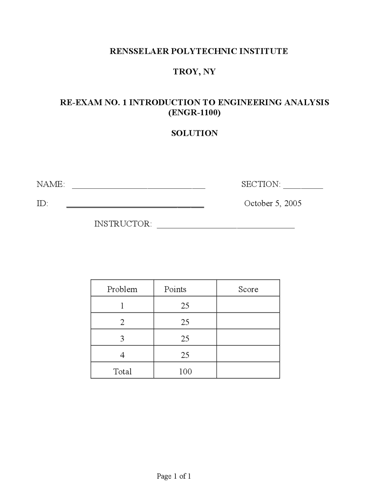 4 Problems with Solutions - Introduction to Engineering Analysis | ENGR 1100 - Docsity