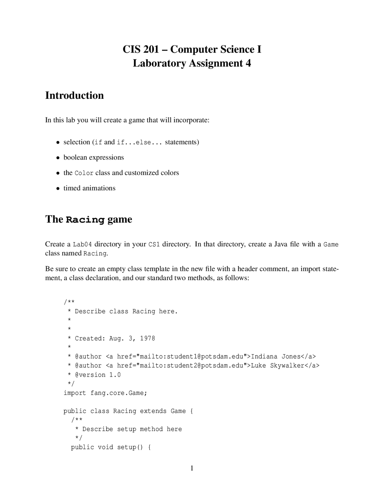 Lab 4 The Racing Game Computer Science I Lab Cis 201 Lab Reports Computer Science Docsity