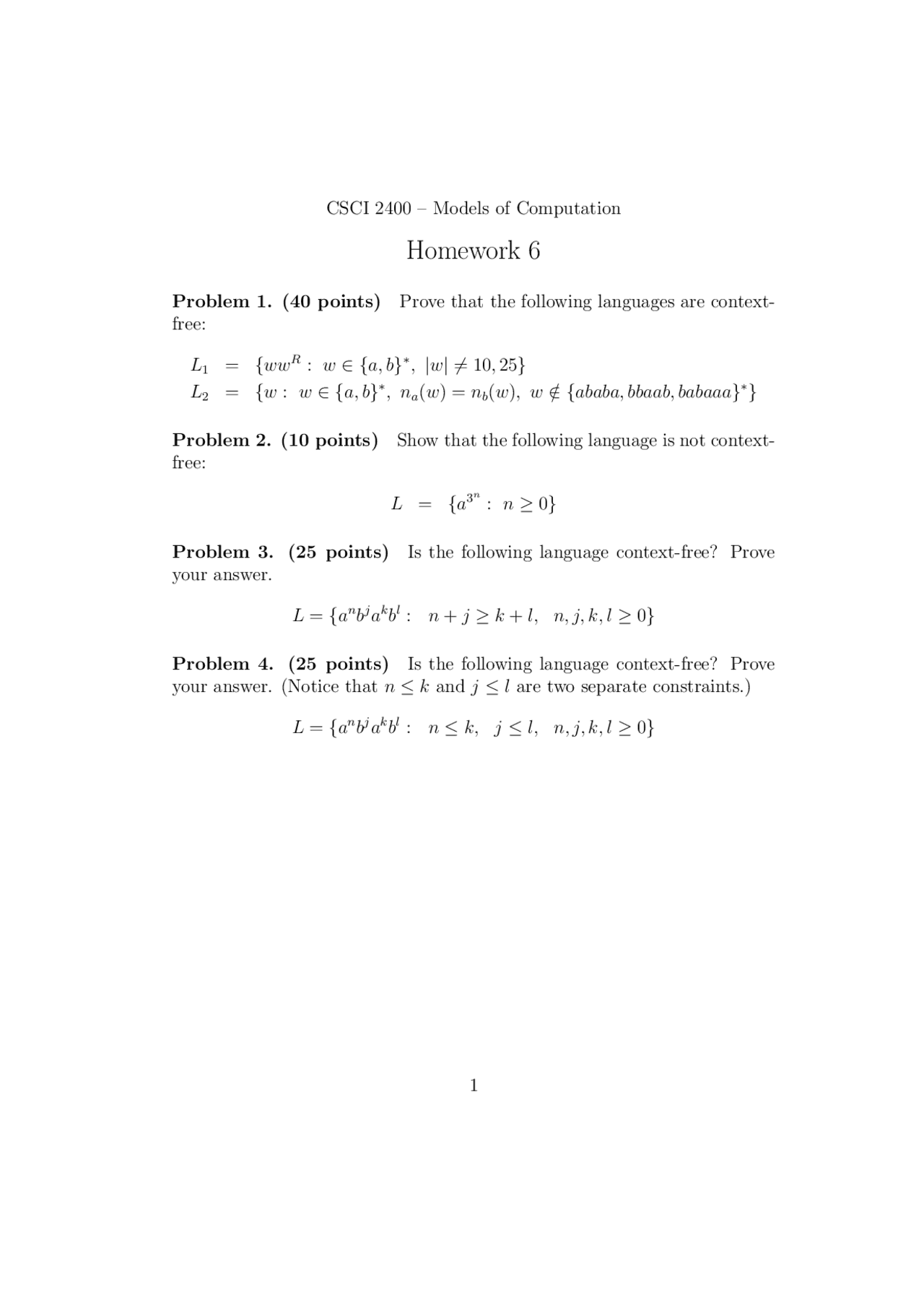 Models of Computation - Homework 6 Unsolved Problems | CSCI 2400 | Assignments Computer Science ...